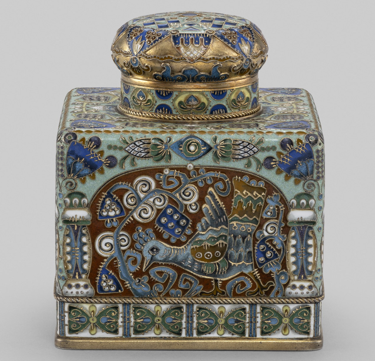 Russian Silver Enamel tea caddy by Fedor Ruckert with birds – AntiqueRef