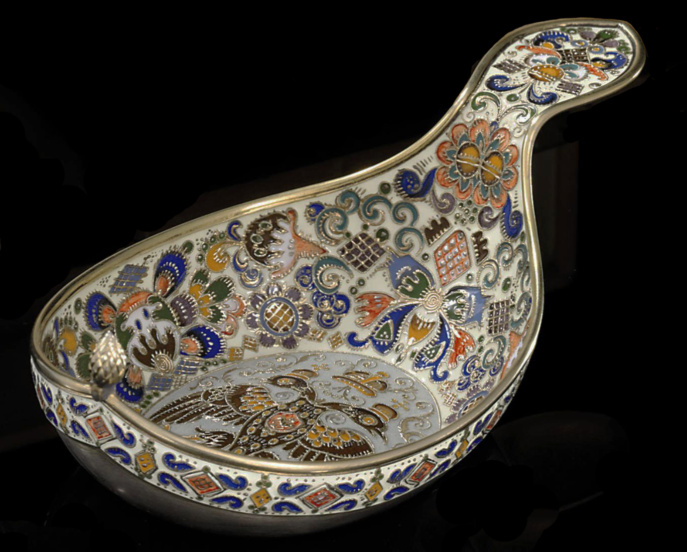 Russian silver enamel kovsh by Fedor Ruckert with double-headed eagle ...