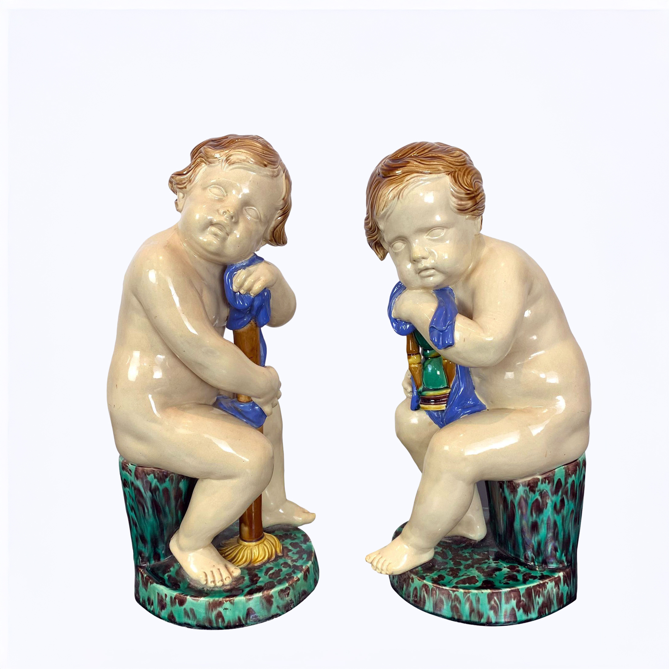 Minton 141 142 large majolica figures of Putti – AntiqueRef