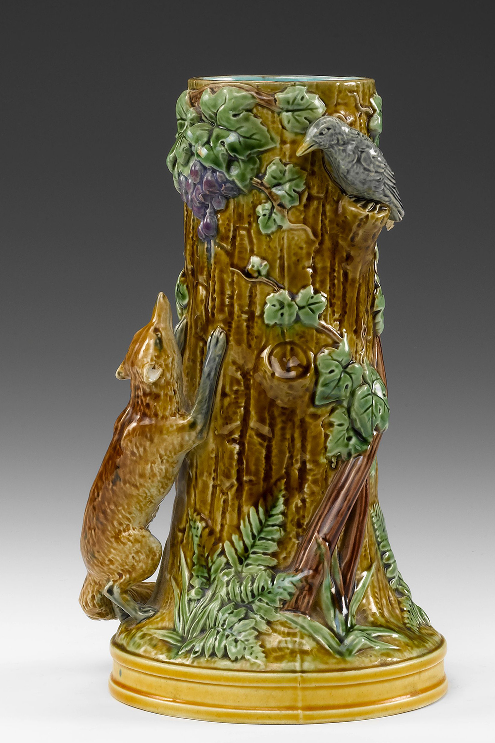 Minton 1748 Majolica “Fox and Bird Match Pot” – AntiqueRef