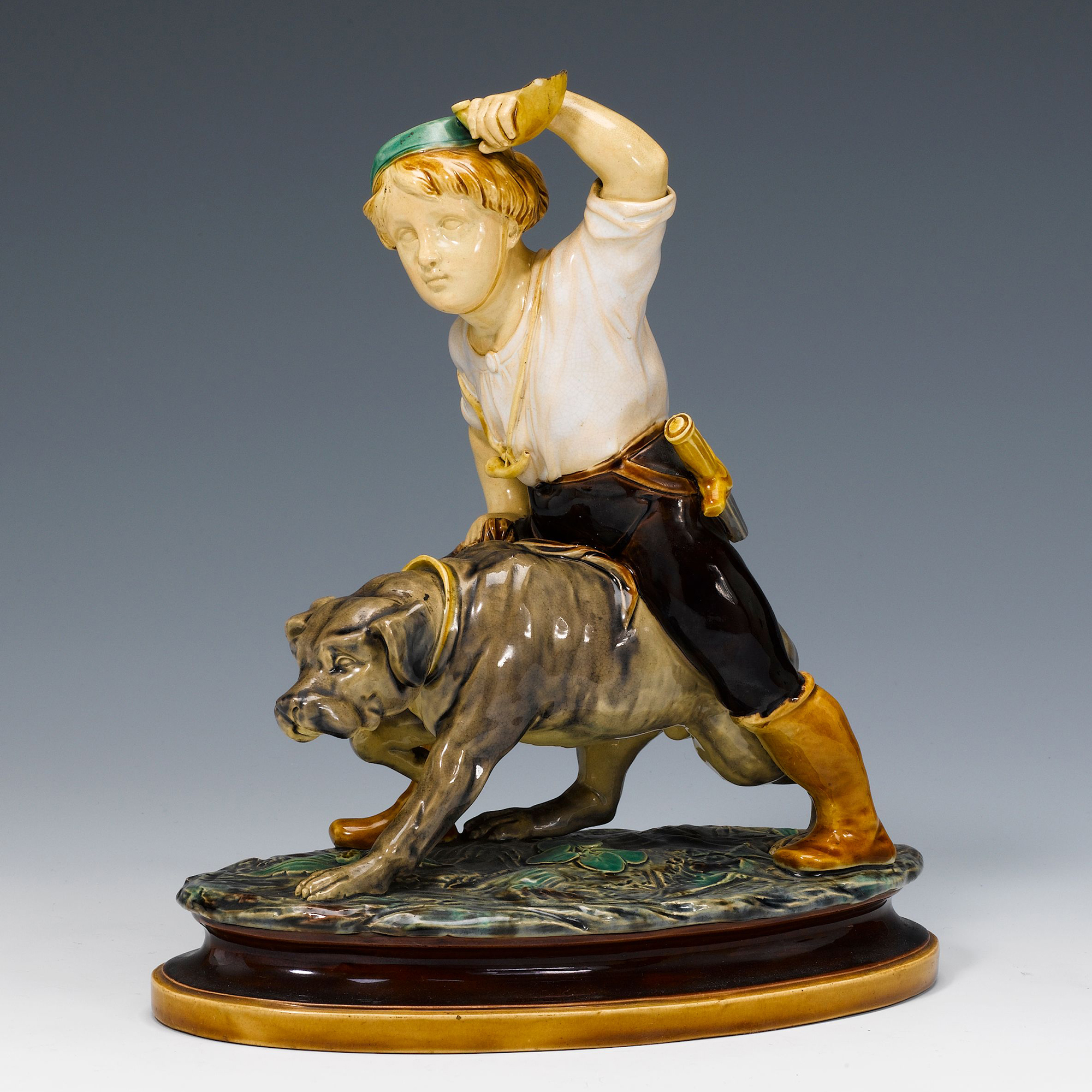 Minton 403 Majolica Figure Boy and Foxhound – AntiqueRef